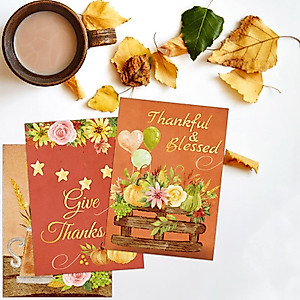 WorldBazaar Gold Foil Thanksgiving Cards with Envelopes 24PCS Happy Harvest Thanks Cards Fall Autumn Thanksgiving Party Supplies