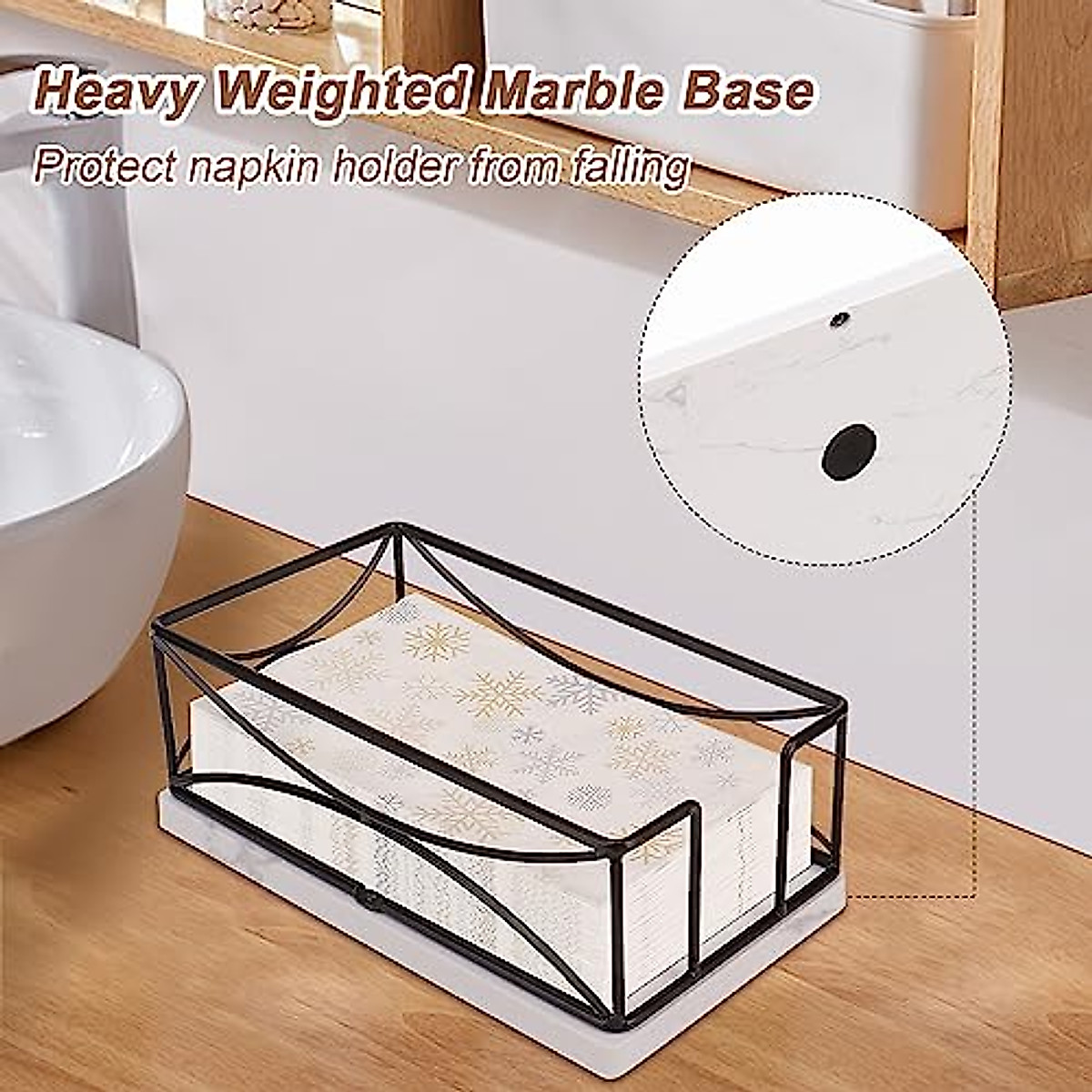 Livabber Guest Napkin Holder with Marble Base, Metal Bathroom Paper Hand Towel Storage Modern Napkin Tray Caddy for Countertop, Table Kitchen, Dinning Room (Black)