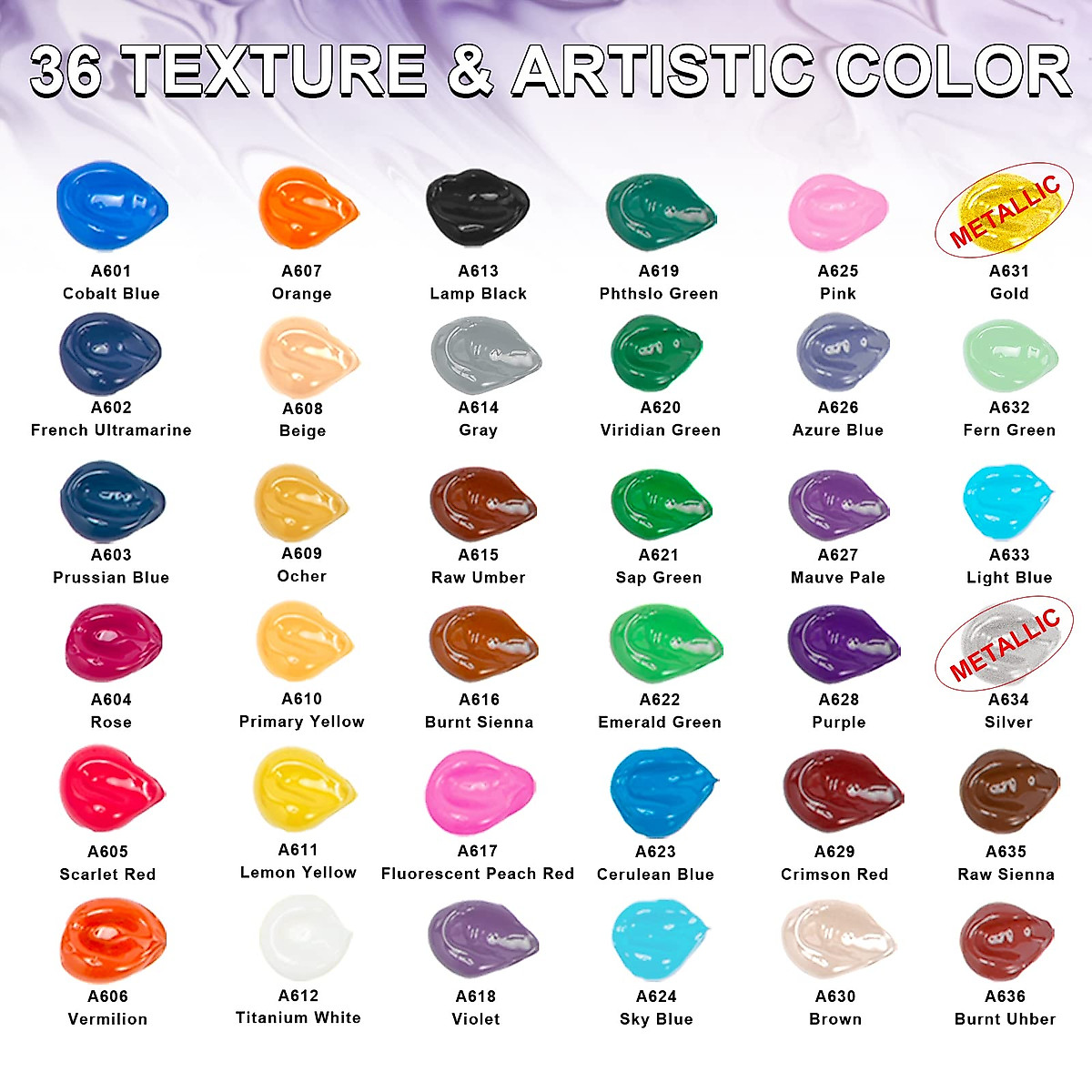 Drawdart 47 Pack Acrylic Paint Set, 36 Colors Art Painting Supplies for Canvas Wood Fabric Ceramic Crafts, Non Toxic & Rich Pigments for Artists & Hobby Painters, 2 fl oz / 60 ml Bottles