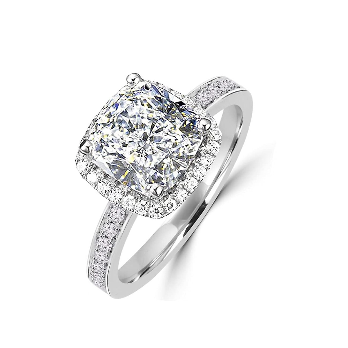 Diamonbella 101 Facets 2 Carat Princess Cushion Cut NSCD Simulated Diamond Ring 925 Silver Platinum Plated Halo (7)