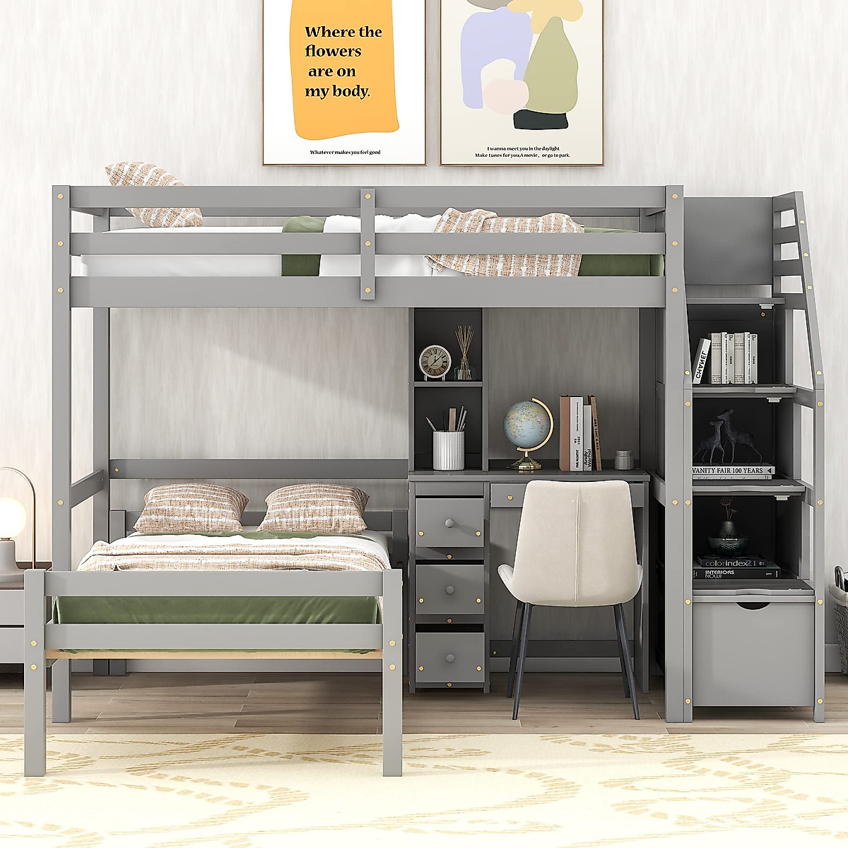 BIADNBZ Twin Over Twin Bunk Bed with Stairs Storage, Desk, Shelves and Drawers, Wood L-Shaped Bunk Bed Convertible into Loft Bed with Staircase and a Platform Bedframe, Gray