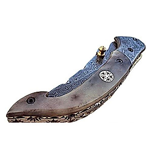 Limited Edition - FNA-32 Custom Handmade Damascus Steel Folding Knife - Beautiful Camel Bone Handle with Damascus Steel Bolsters