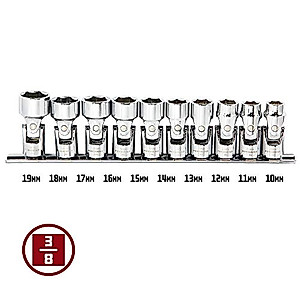 Powerbuilt Universal Socket Set, Metric 10 Piece 3/8 Inch Drive 6 Point, Swivel Head, 360 Degree Rotation, 10mm to 19mm, Storage Rail, 741715