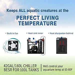 Poafamx Aquarium Chiller 42gal 1/10 HP Hydroponics Water Chiller for Home Use Fish Axolotl Coral Shrimp Farming 110V with Pump and Pipe