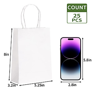 Moretoes 25pcs White Gift Bags 5.25x3.2x8 Inches Small Kraft Paper Bags with Handles Bulk, Retail Bags for Small Business, Shopping Bags, Birthday Wedding Party Favor Bags, Merchandise Bags