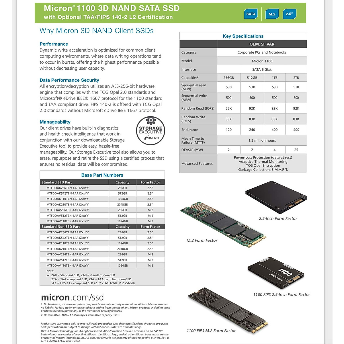 New - Micron SSD 512GB M.2 2280 SATA 6GB/s 1100 Series MTFDDAV512TBN 3D TLC NAND for Samsung Dell HP Evo Lenovo Pro Asus Acer and Other Systems