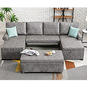 Merax 108.75" Pull-Out Sleeper Sofa Bed with USB Port,U-Shaped Storage Corner Sofa Bed with 2 Storage Chaise Lounge, 6-Seater Sofa Couch for Living Room Bedroom