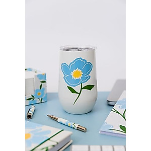 kate spade new york Insulated Stainless Steel Wine Tumbler, 16 Ounce Double Wall Tumbler, Blue Stemless Travel Cup with Lid, Sunshine Floral