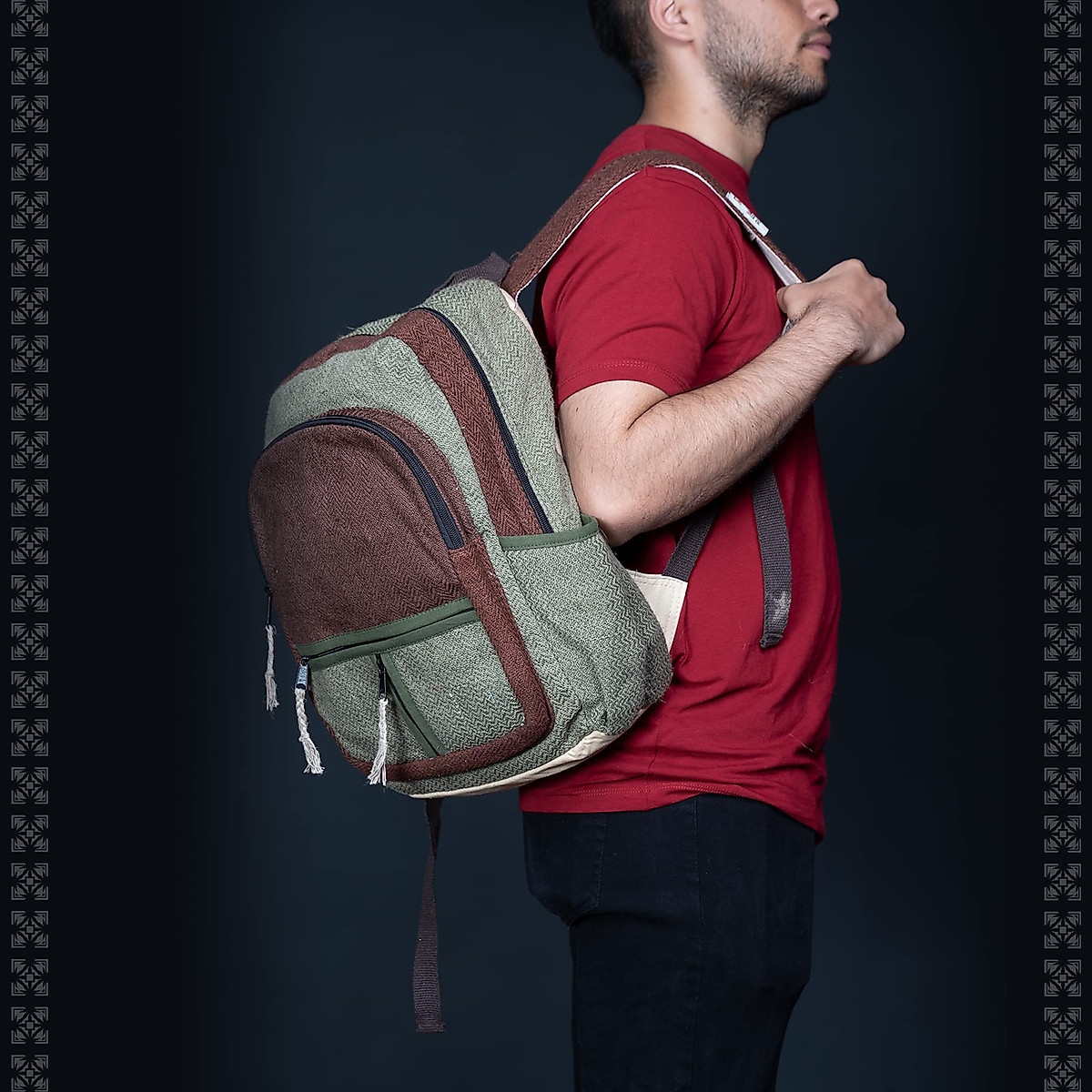 Ruana Lightweight Hemp Backpack 100% Natural Hemp cotton Fabric Casual Daypack Multipurpose Handmade Laptop Bag For Travel, Hiking, Yoga, Picnic (Brown & Green, 38 cm W x 45 cm L)