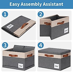 GhvyenntteS Large Storage Bins with Lids (3-Pack) Large Closet Storage Bin with Lid and 3 PU Handles, Foldable Storage Baskets for Shelves with Label Window for Home (Beige, 15" x 11" x 9.7")