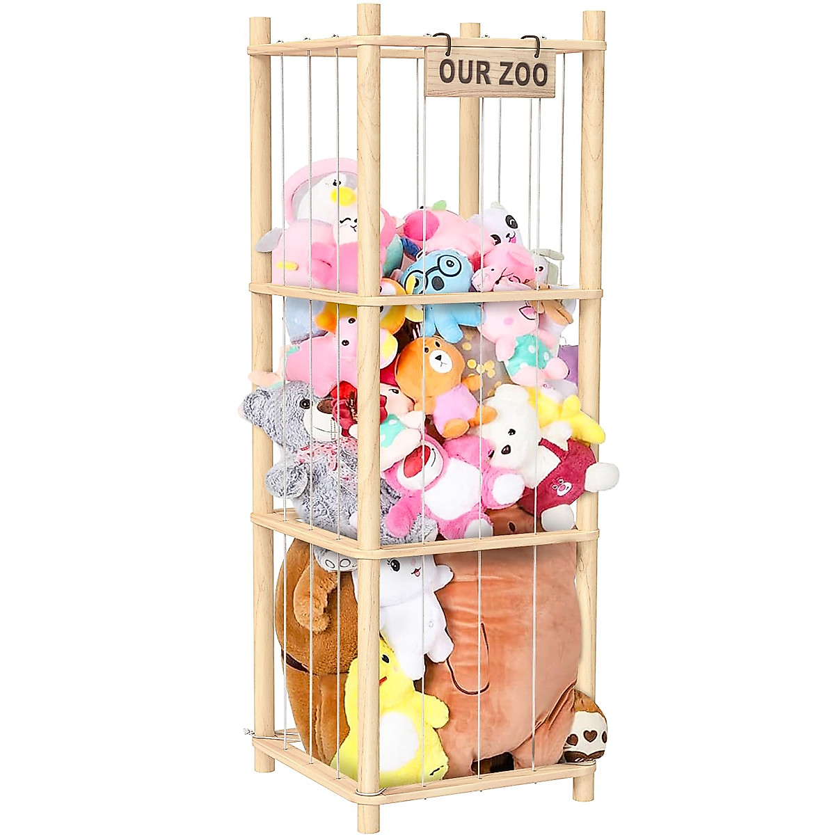 Woodure Stuffed Animal Toy Storage Organizer, Wooden Stuffed Animal Zoo Holder Soft Toy Organizer for Nursery Play Room Bedroom Kid Room