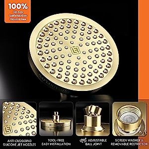 LUXFLOW® Shower Head & Shower Arm – Rain Shower Head High Pressure – Modern Luxury Look - Easy 3-Min Install – Universal Fit, Adjustable Joint, Anti-Clogging, Rustproof (Lavish Brushed Gold, 6 Inch)