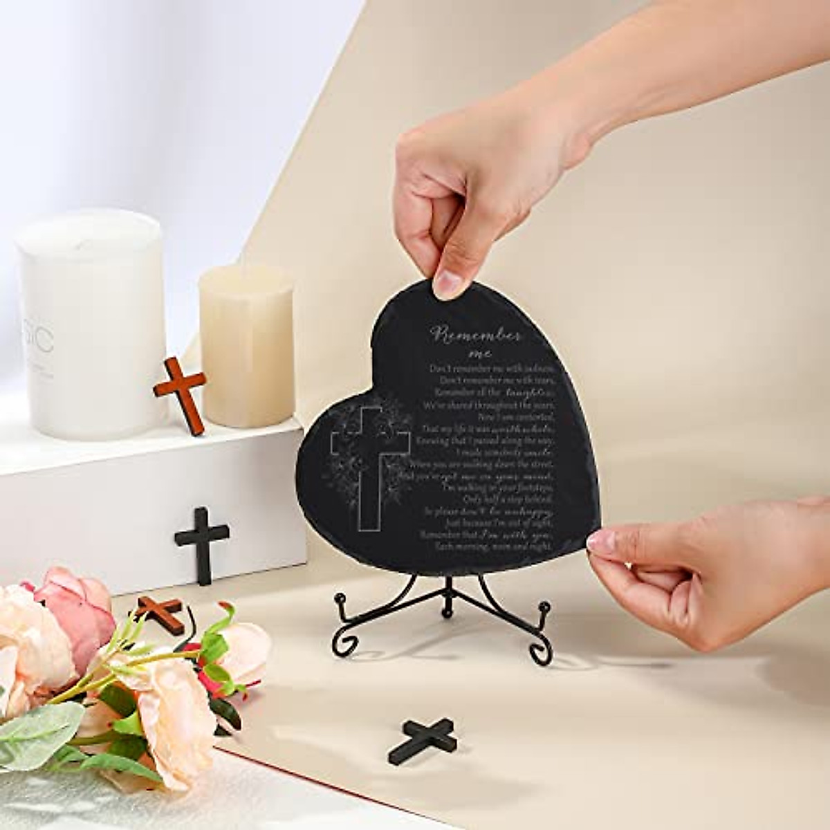 TimTin Memorial Garden Stone Those We Love Don't Go Away Memorial Plaque Decor with Stand Black Sympathy Gifts for Loved One(Cross), 5 Inches