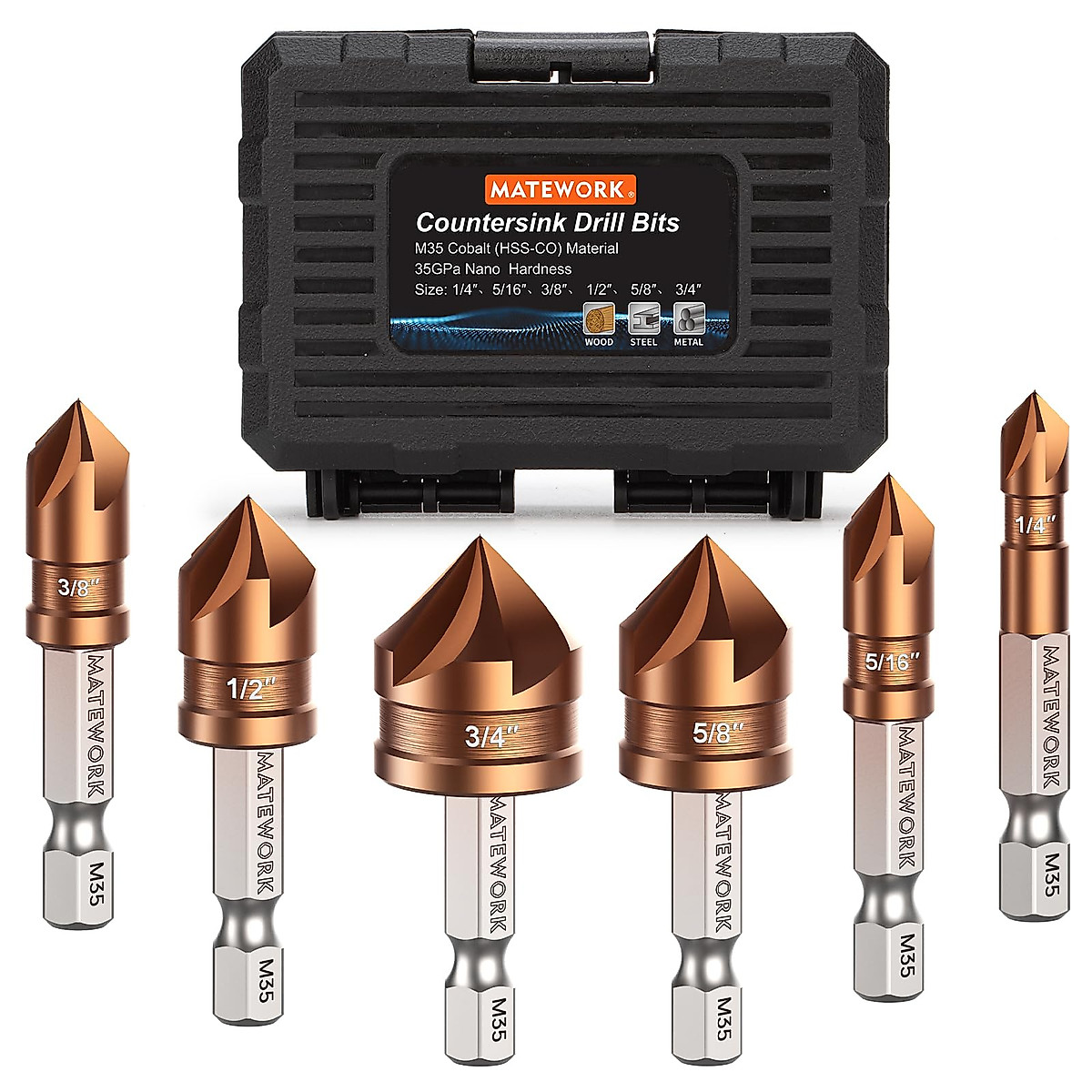Countersink Drill Bit Set, M35 Cobalt HSS Countersink Drill Bits 6 Pieces 1/4 Inch Quick Change Hex Shank for Metal, Wood, Stainless Steel, Carbon Steel