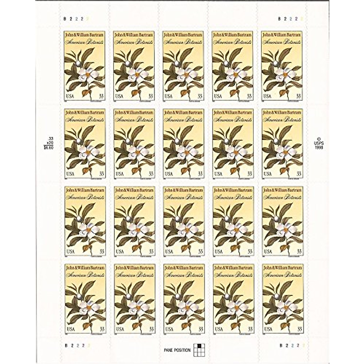 John and William Bartram: American Botanists, Full Sheet of 20 x 33-Cent Postage Stamps, USA 1999, Scott 3314