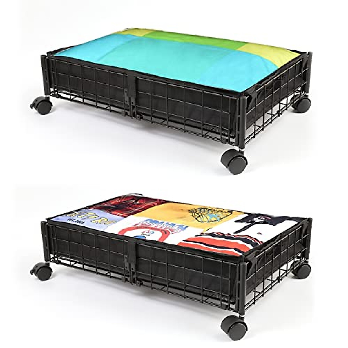 Under Bed Storage with Wheels, Rolling Under Bed Shoe Storage Container, Under Bed Cart with Wheels, Underbed Storage with Sturdy Storage Bags & Clear Window & Thick Fabric, 2 Sets, (Black)