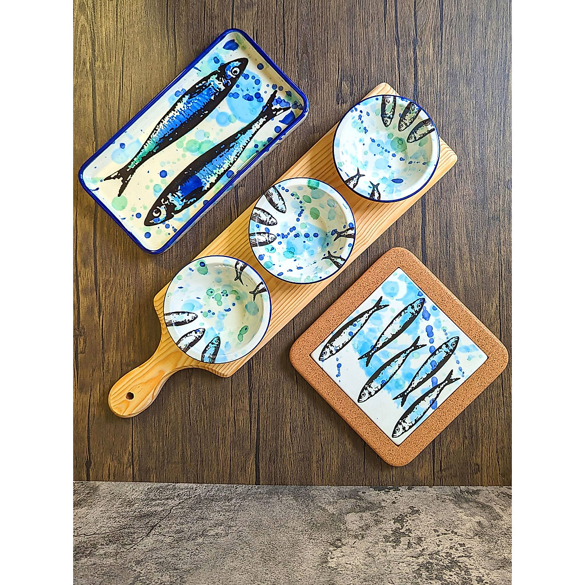 Splash Sardines Portuguese Pottery Rectangular Ceramic Serving Platter (Small)