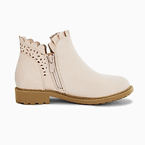 Coutgo Girls Bow Ankle Boots Ruffled Chunky Heel with Classic Side Zipper Dress Booties for Little Kids/Big Kids, Biege, Size 3