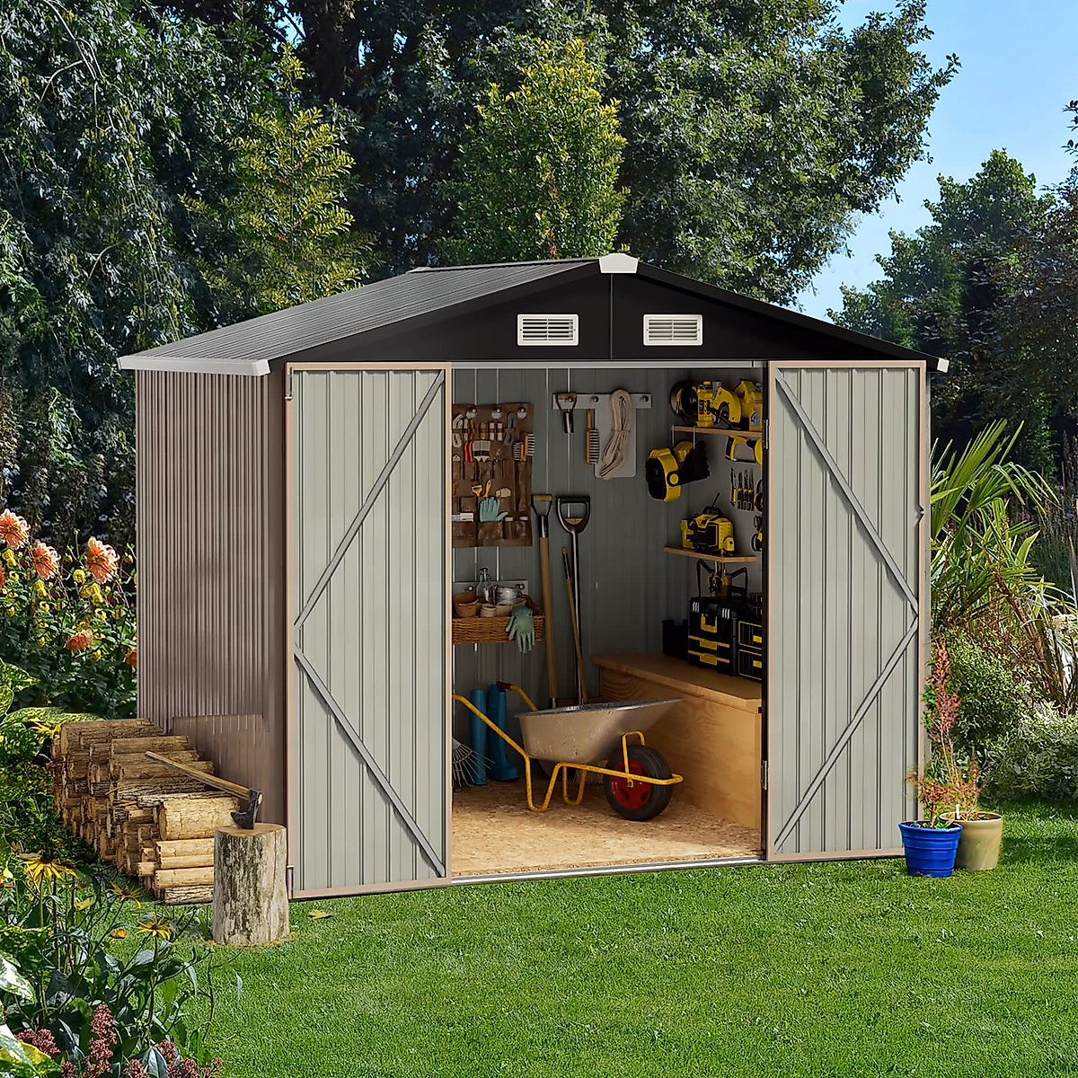 oneinmil Storage Shed 6.4x3.6FT Outdoor Garden Storage Shed, Galvanized Steel Metal Garden Shed with Air Vent and Hinged Door Utility Tool Storage House for Garden, Backyard, Patio, Lawn