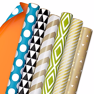 Hallmark Reversible Wrapping Paper Bundle (6 Rolls: 150 Square Feet Total) Stripes, Chevron, Solid, Black & White, Gold, Green, Orange, Blue for Birthdays, Holidays, Any Occasion