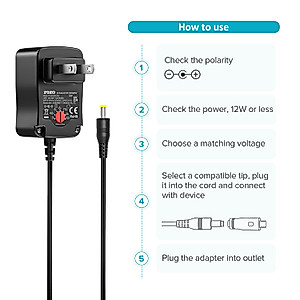 ZOZO Universal AC/DC Adapter 12W Switching Power Cord 3V 4.5V 5V 6V 7.5V 9V 12V Charger Adapter with 9 Tips for Household Electronics Routers Speakers CCTV Cameras Smart Phone USB