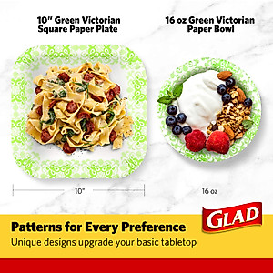 Glad Paper Bowls With Green Victorian Design, 15 Count | Disposable Paper Bowls for Parties and Picnics In Victorian Print | Microwave Safe Disposable Green and White Bowls