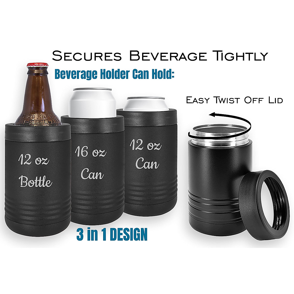 Personalized Stainless Steel Engraved Insulated Beverage Holder Customized Can Cooler with Custom Name Text – Wedding, Birthday, Corporate Gift (Black, Standard)