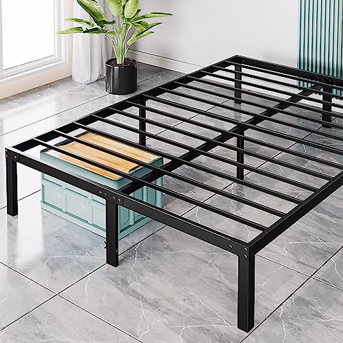 Sweetcrispy Queen Bed Frame - Heavy Duty Metal Platform Bed Frames Queen Size with Storage Space Under Frame, 14 Inches, Sturdy Steel Slat Support, No Box Spring Needed