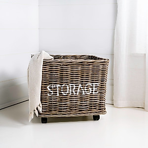 happimess BSK1001A Yael Coastal Hand-Woven STORAGE Rattan Basket with Wheels and Handles for Storage and Decoration in Bedroom, Living Room, Laundry Room, Entryway, Kubu Gray