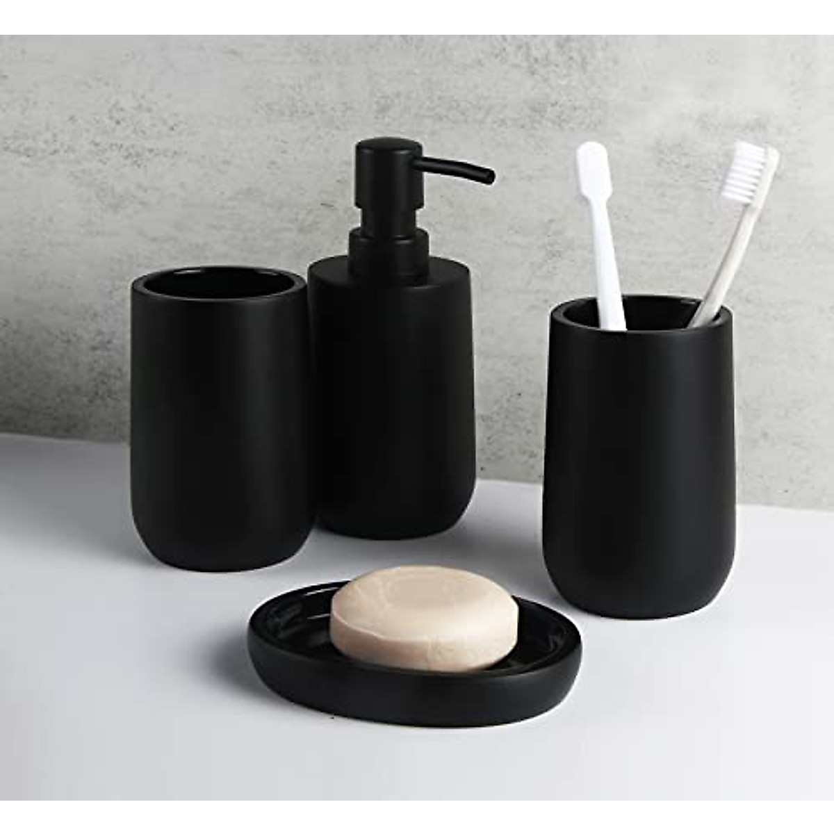 3&7 BRICK Matte Black Bathroom Accessories Set,4 Pieces,Toothbrush Holder, Lotion Soap Dispenser, Tumbler, Soap Dish, Resin Countertop Complete Decor and Gift Set