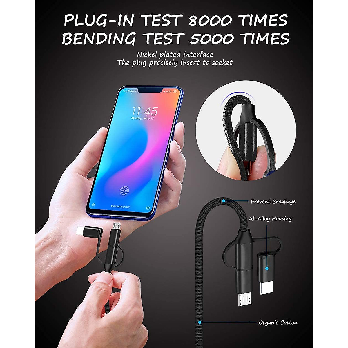 OUGIC USB C Multi Charging Cable (3ft), 5-in-1 PD 60W & QC3.0 20W, USB A/C to Type C/Phone/Micro USB, Compatible with Galaxy S21 Fold3 and More - Nylon Braided 1M