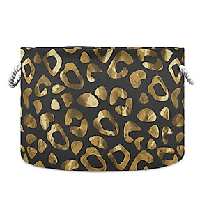 Krafig Gold Leopard Print Pattern Round Collapsible Storage Basket, Large Toy Storage, Laundry Baskets, Open Home Storage Bins for Toy Organizer, Home Decor, Clothes, Toys