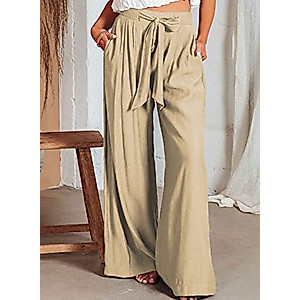 Dokotoo 2023 Casual Linen Women's Wide Leg Pants Stretch Drawstring Tie Back Elastic Waist Yoga Trousers Solid Spring Fall Workout Beach Resort Wear for Women Khaki XL