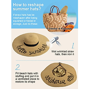 Floppy Beach Hats for Women, Foldable Wide Brim Sun Hat Embroidered Roll up Straw Hat - Vocation, Honeymoon, Travel Khaki