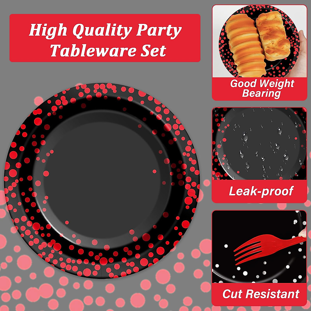 50 Guests Red and Black Birthday Party Supplies Set Red Dot on Black Disposable Plates Napkins Red and Black Tableware Set Party Papaer Dinnerware for Birthday Graduation Wedding Decorations 200Pcs