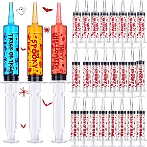 Poen 48 Pack Jelly Shot Syringes with Cap for Halloween Party 2oz 60ml Reusable Containers with Lids Plastic Tubes Boo Spooky Trick or Treat Happy Halloween Bloody Handprint Drink Syringes for Parties