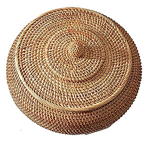 KODENG Round Rattan Boxes with Lid Hand-Woven Multi-Purpose Wicker Tray 11 Inch Picnic Food Bread Table Storage Basket (28x13cm)
