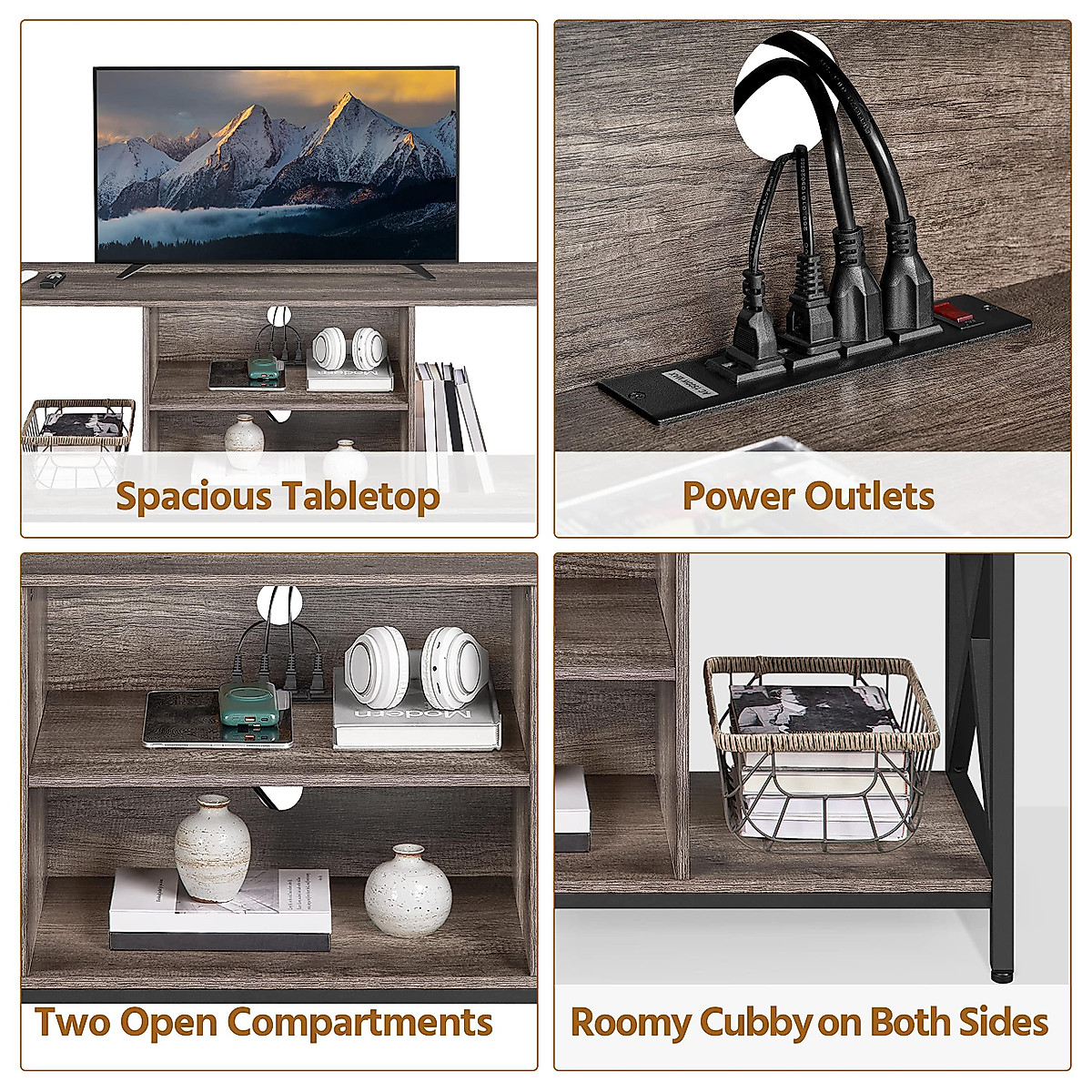 Yaheetech TV Stand for 65 Inch TV, Media Entertainment Center with Power Outlet for Living Room, Industrial TV Console with Side Shelves for PS Storage, Taupe Wood