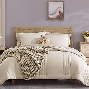 Monbix Queen Comforter Set - 7 Pieces Apricot Beige Bed in a Bag Queen Bedding Sets with Comforters, All Seasons Down Alternative Comforter Bed Set with Sheets,Pillowcases & Shams