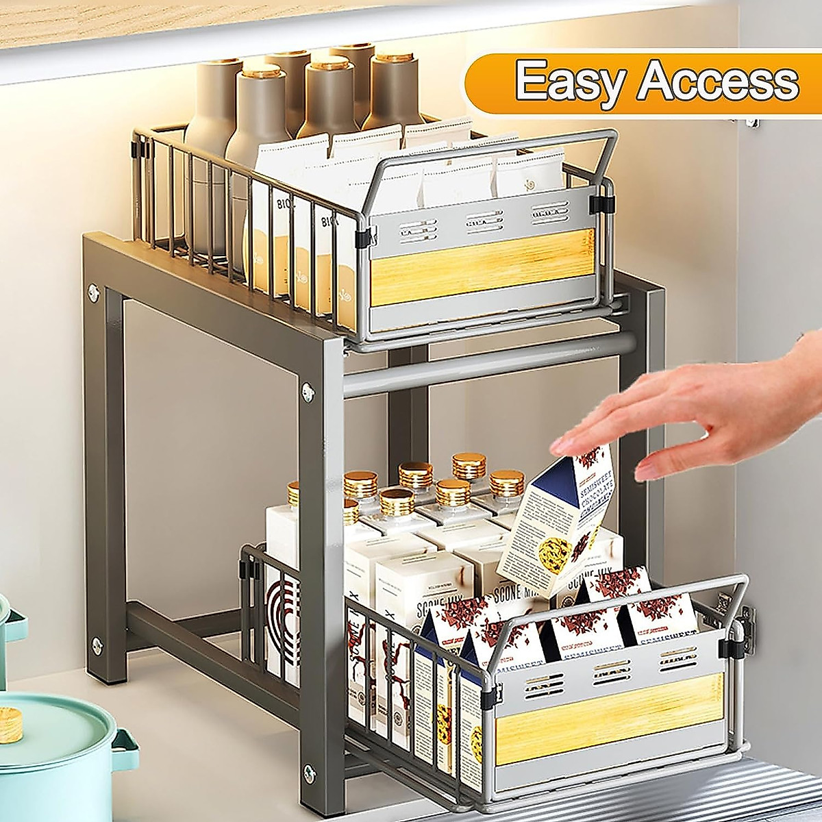 Fangtueh Under Sink Organizer, 2-Tier Pull Out Under Sink Organizers and Storage, Stainless Steel Under The Sink Organizer Bathroom Kitchen Sink Cabinet Organizer Undersink Organization, 1Pack Black