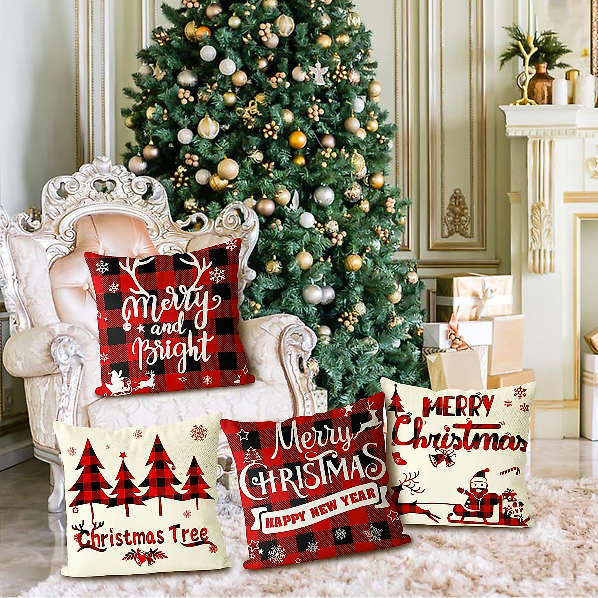 Christmas Decorations, Christmas Decor Christmas Pillow Covers 20x20 Set of 4 Red Black Buffalo Check Plaid Christmas Decorations Clearance Indoor Outdoor Xmas Throw Pillow Cases for Sofa Couch