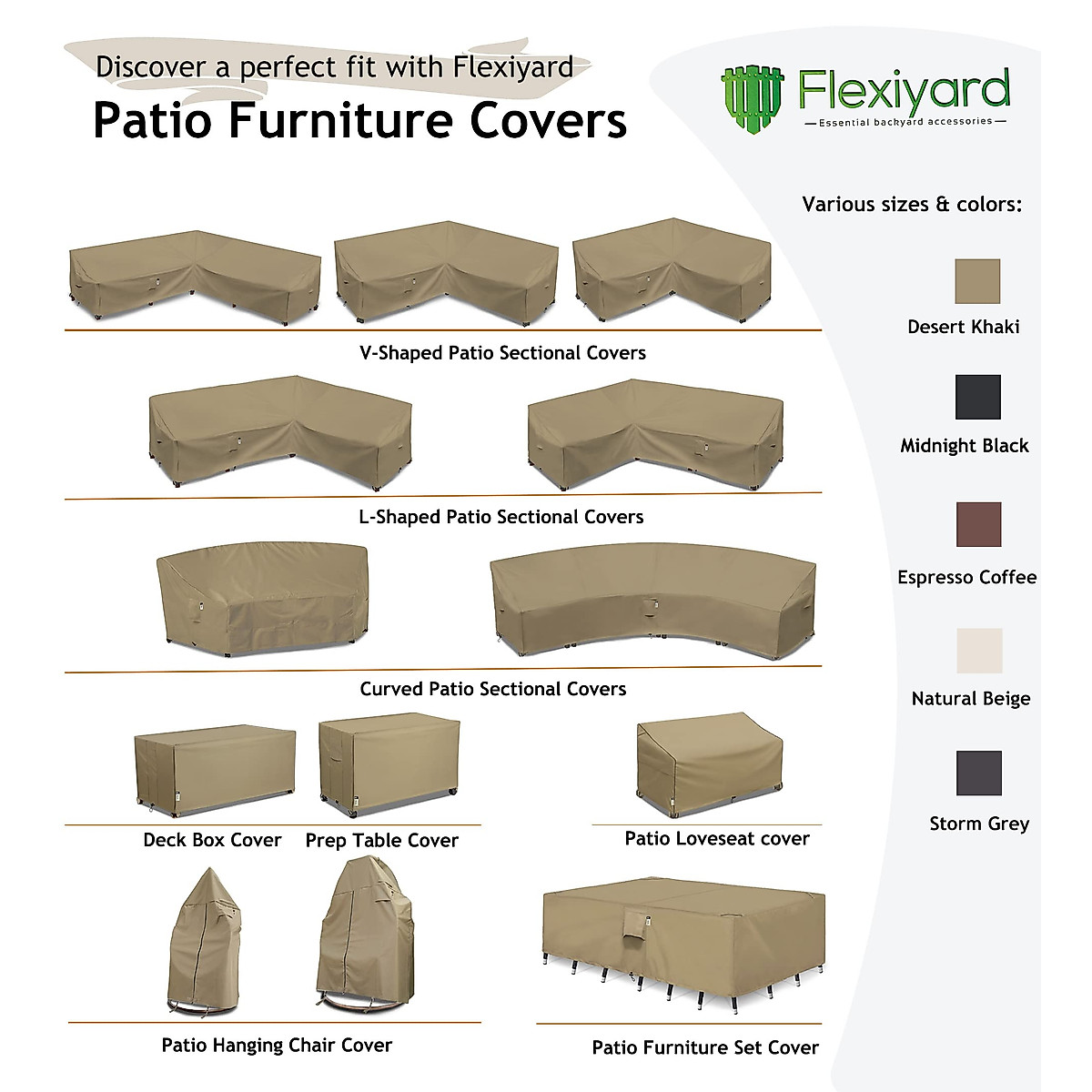 Flexiyard Outdoor Sectional Cover, Heavy Duty Patio Furniture Cover, 100"X100" Waterproof 600D Patio Sectional Cover, V-Shaped L-Shape Lawn Outdoor Furniture Cover (Natural Beige,V-Shaped-100 x100)