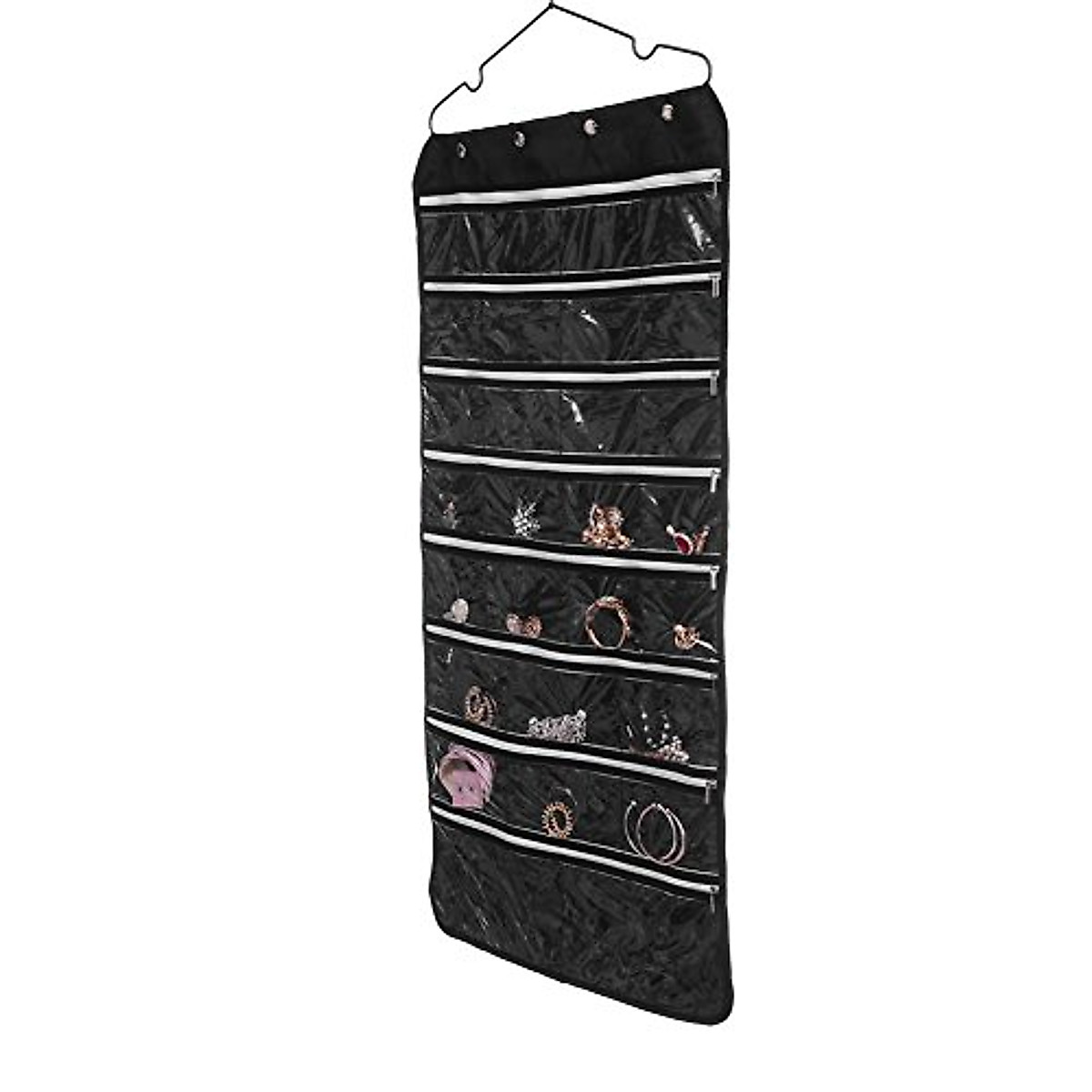56 Pockets Large Zippered Dual Sided Jewelry Hanging Organizer Necklace Earrings Bracelets Rings Accessories Storage Bag Wall Mounted Door Cabinet Hanger Holder Clear Pouch Display Foldable for Travel