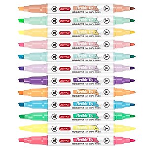 ZEYAR Flexible Tip Highlighter, Dual Tips Marker Pen, Chisel and Fine Tips, Flexible Tip and Soft Touch, Water Based, Assorted Colors, Quick Dry (12 Colors)