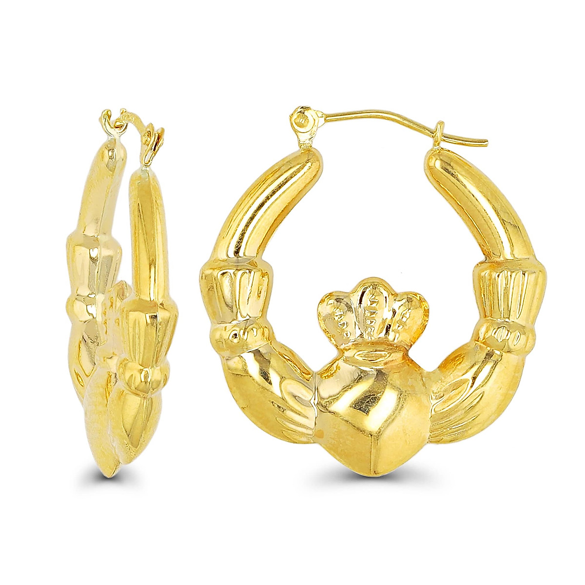 14K Yellow Gold 4mm Thick Polished Claddagh Hoop Earrings with Hinged Clasp| 4x25mm Hoop | Heart Earrings | Solid Gold Earrings For Women