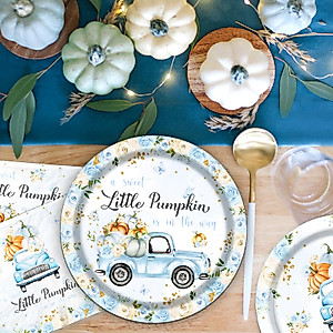 Little Pumpkin Paper Plates and Napkin Pumpkin Baby Shower Party Decorations for Boy A Little Sweet Pumpkin is On The Way Blue Floral Truck Disposable Tableware Party Supplies Favor for 25 Guests