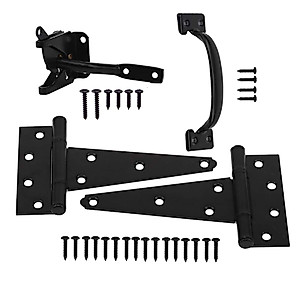 HOME MASTER HARDWARE Wood Gate Hardware Set- Heavy Duty 6" Gate Tee Hinge,Pull Set Gate Hardware Kit with Screws for Outdoor Fence Swing Gate Black Finish
