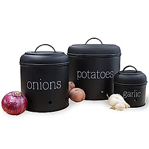AuldHome Potatoes, Onions and Garlic Canister Set (Black); Contemporary Vegetable Storage Containers