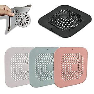 Shower Hair Drain Catcher, 4 PCS Raised Square Shower Drain Covers with Suction Cup, Silicone Drain Hair Catcher Hair Stopper Drain Cover for Bathroom Bathtub Kitchen (Multicolor)