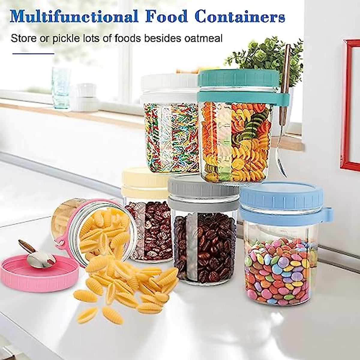 Morandi Overnight Oats Containers with Lids and Spoons 6 Pack, 16 OZ Glass Mason Jars for Overnight Oats Healthy Meal Prep, Oatmeal Container Storage for Cereal Milk Salad Chia Pudding